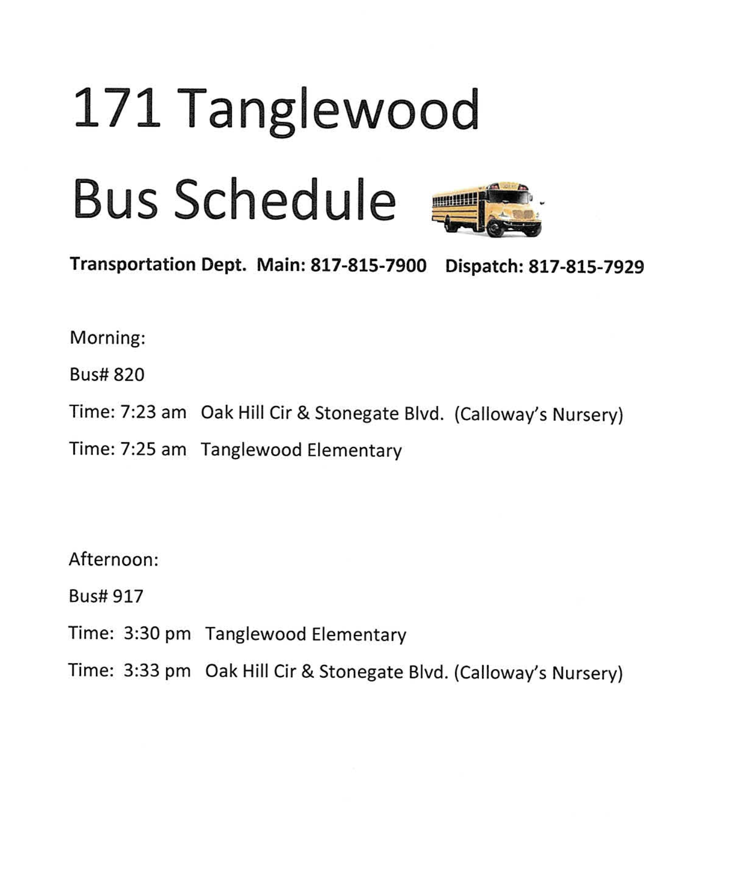 Bus Schedules - Tanglewood Elementary School