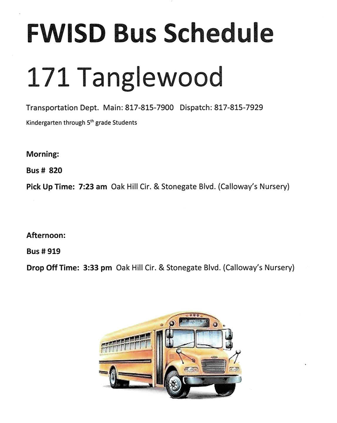 Bus Schedules - Tanglewood Elementary School
