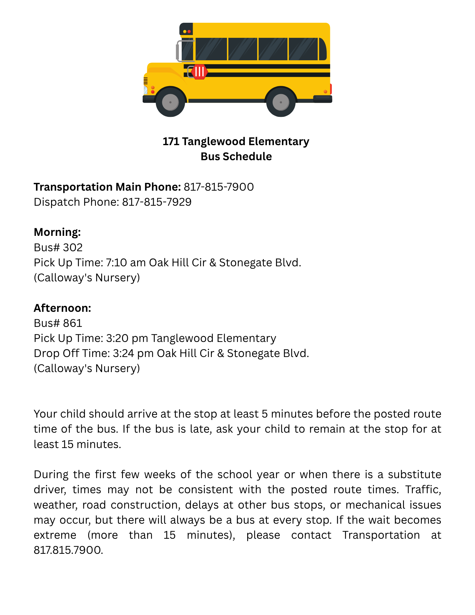 Bus Schedules - Tanglewood Elementary School
